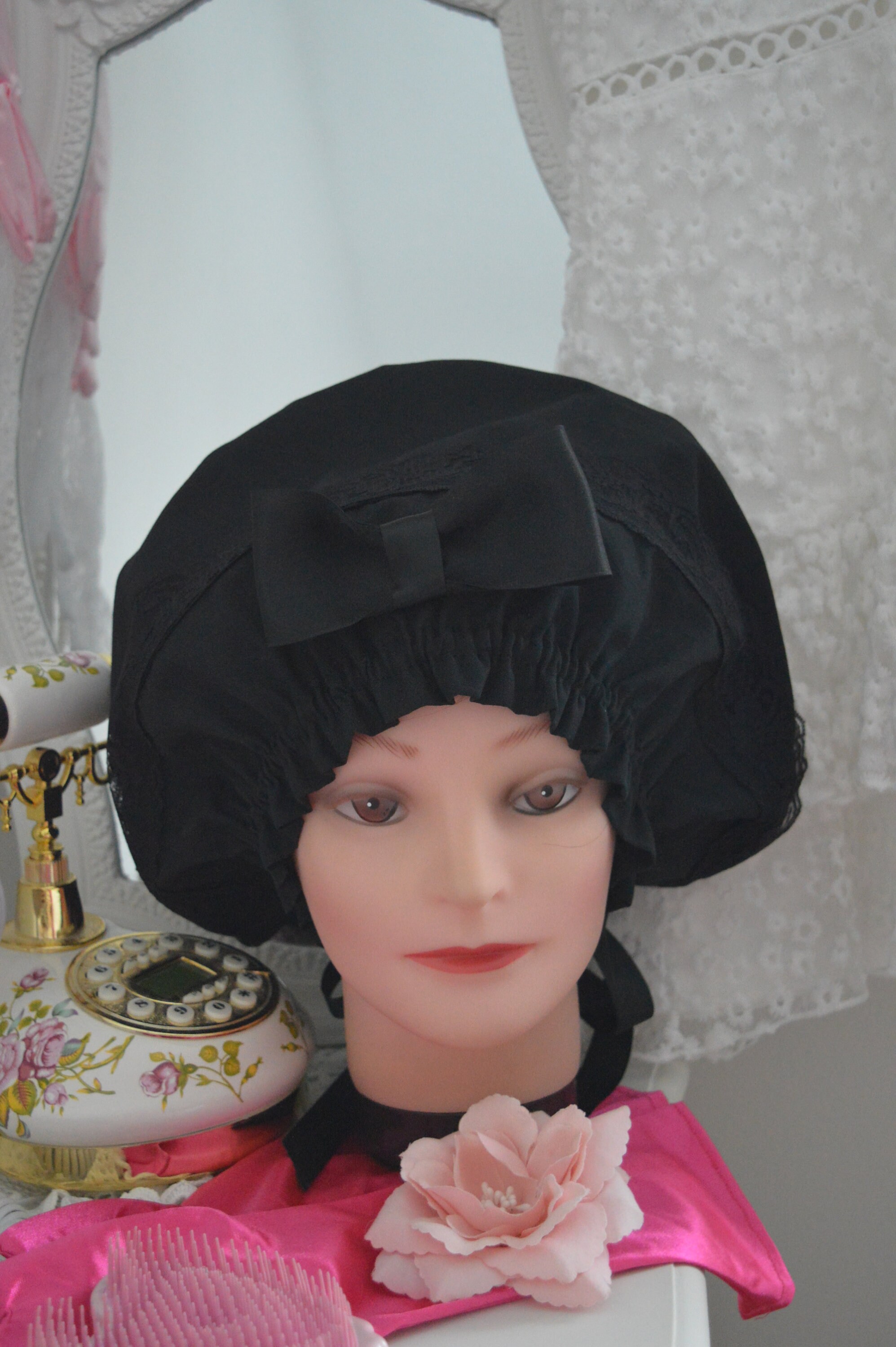 Black Cotton Bonnet Hat With Lace and Bow for Women, Black Cotton ...