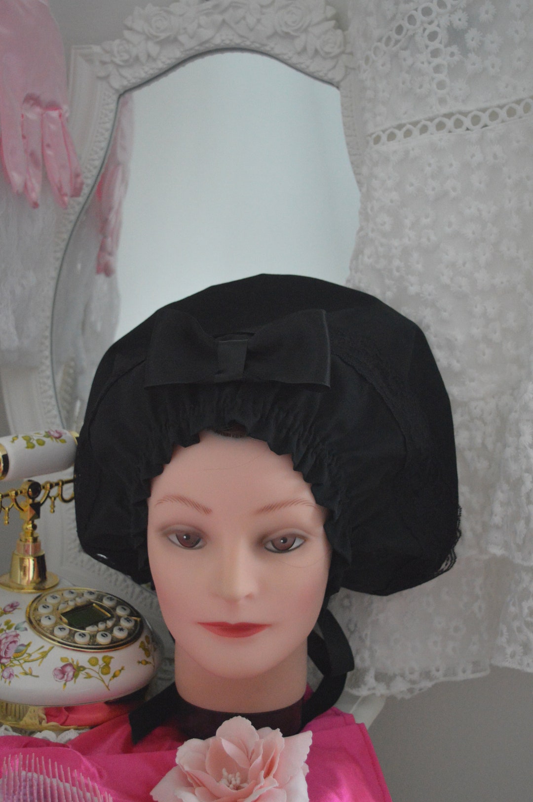 Black Cotton Bonnet Hat With Lace and Bow for Women, Black Cotton ...