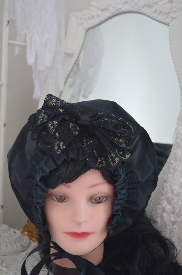 Black Cotton Bonnet Hat With Lace and Bow for Women Deluxe, Black ...