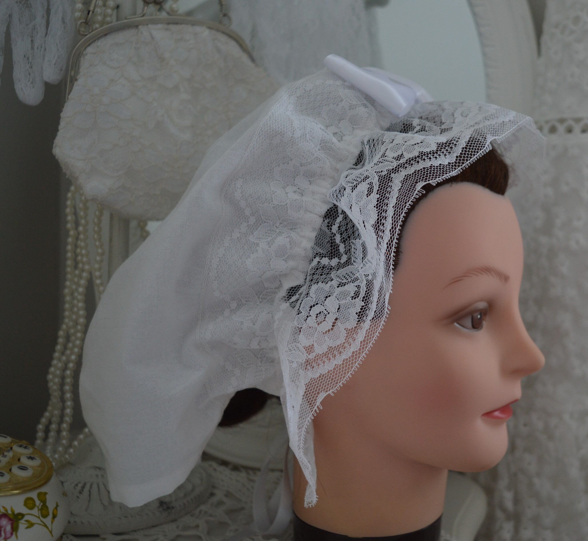 Victorian Edwardian Ladies Cotton Lace Bonnet Hat With Bow White ...