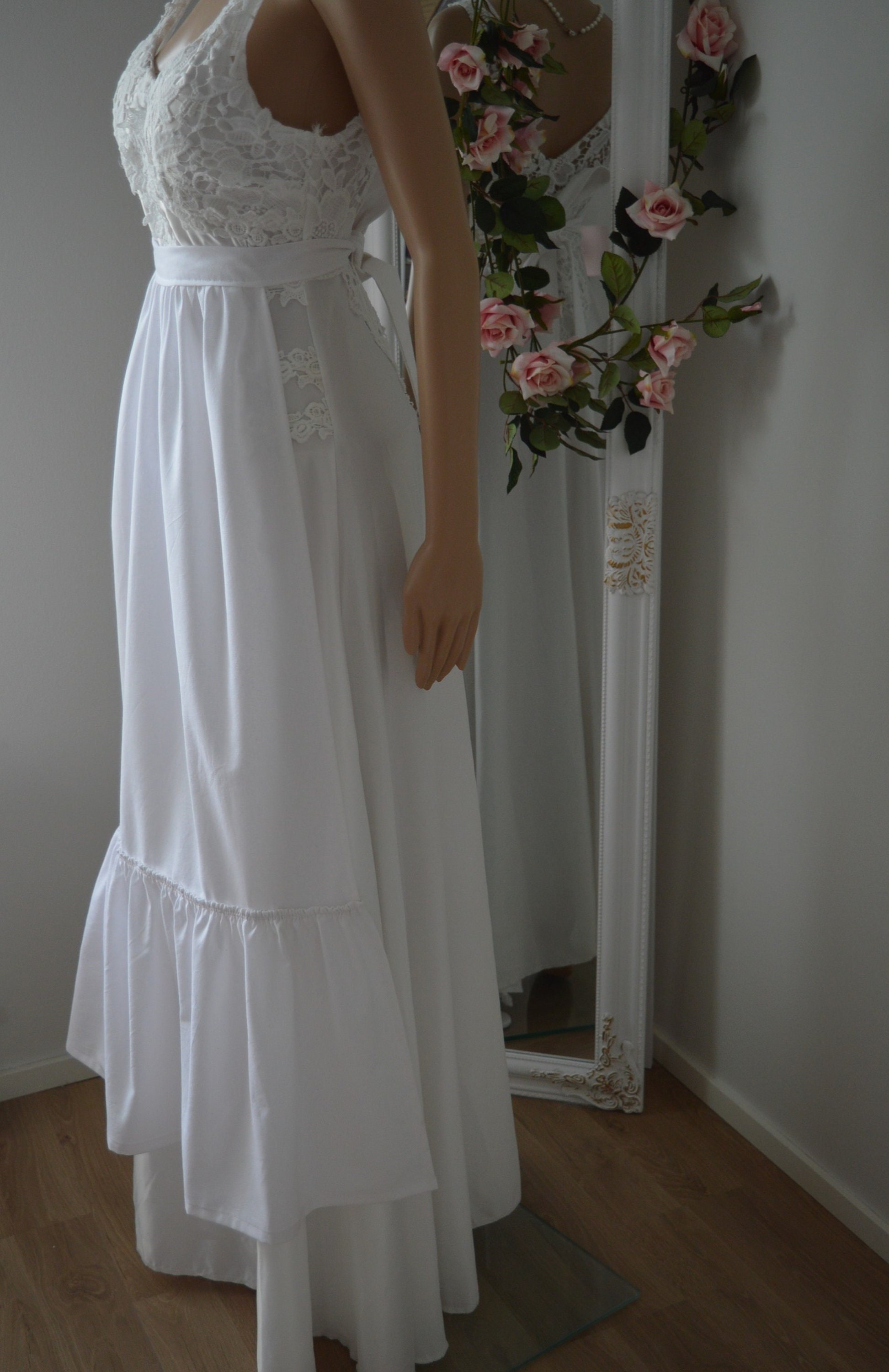 White Full Length Floor Length Cotton Ruffle Apron XXS-XS, White Long ...