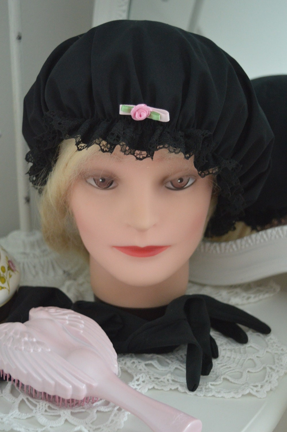 Granny Mop Cap Black, Vintage Style Granny Mop Cap Mob Cap Black ...