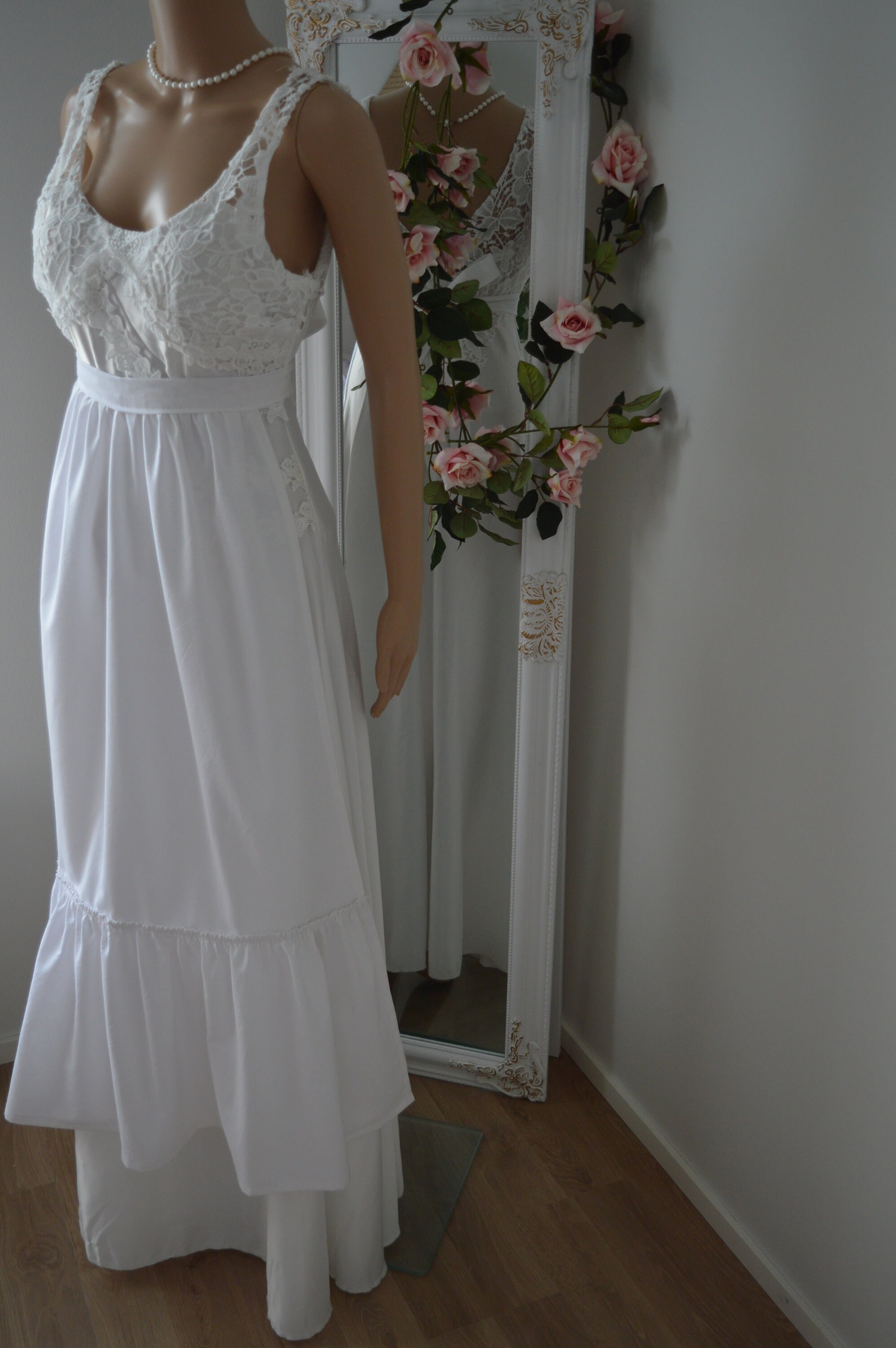 White Full Length Floor Length Cotton Ruffle Apron XXS-XS, White Long ...