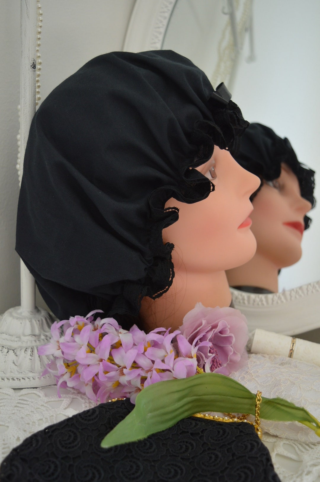 Vintage Style Mop Cap Black M-L, Granny Mop Cap Mob Cap Black M-L ...