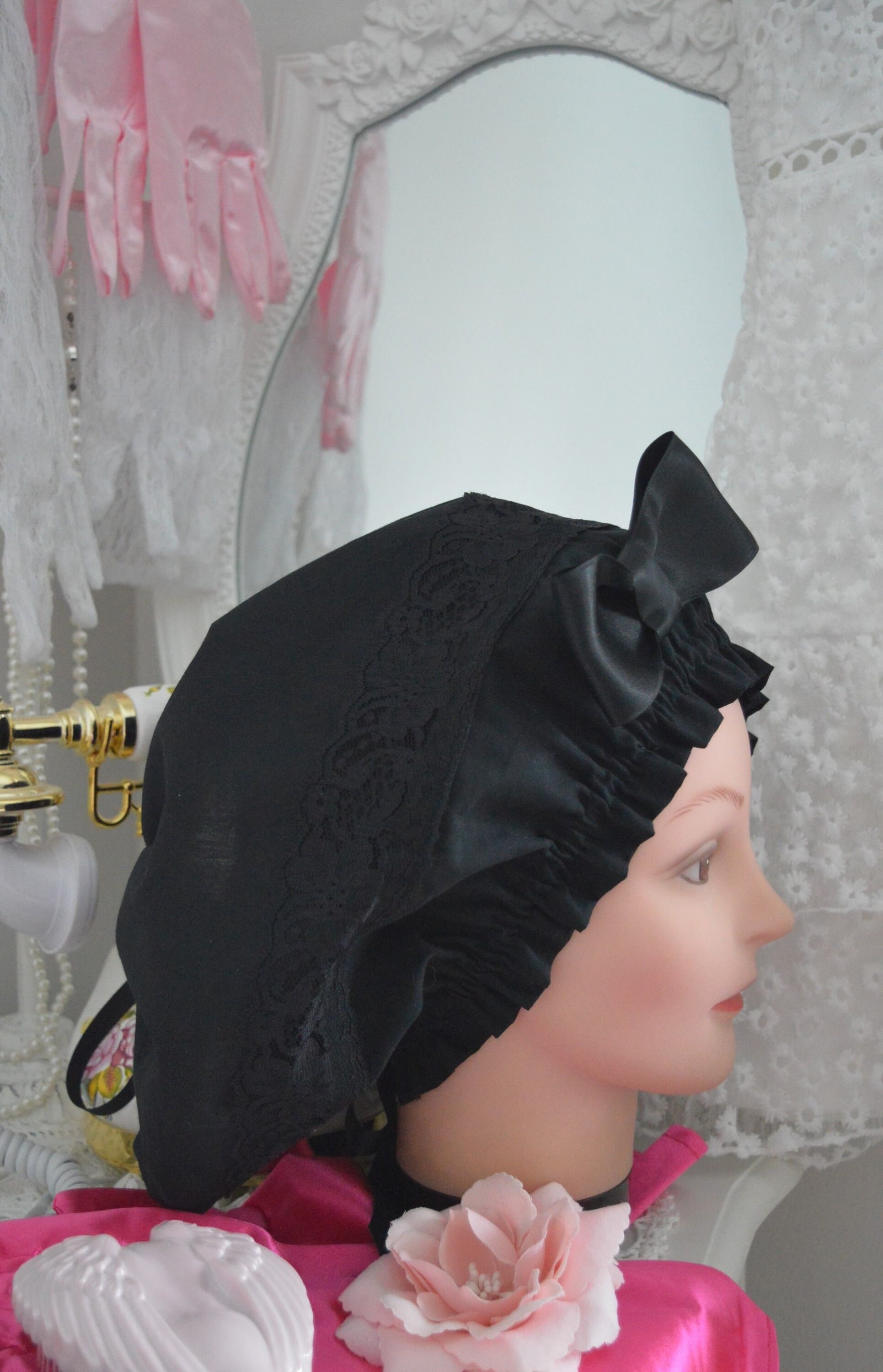 Black Cotton Bonnet Hat With Lace and Bow for Women, Black Cotton ...