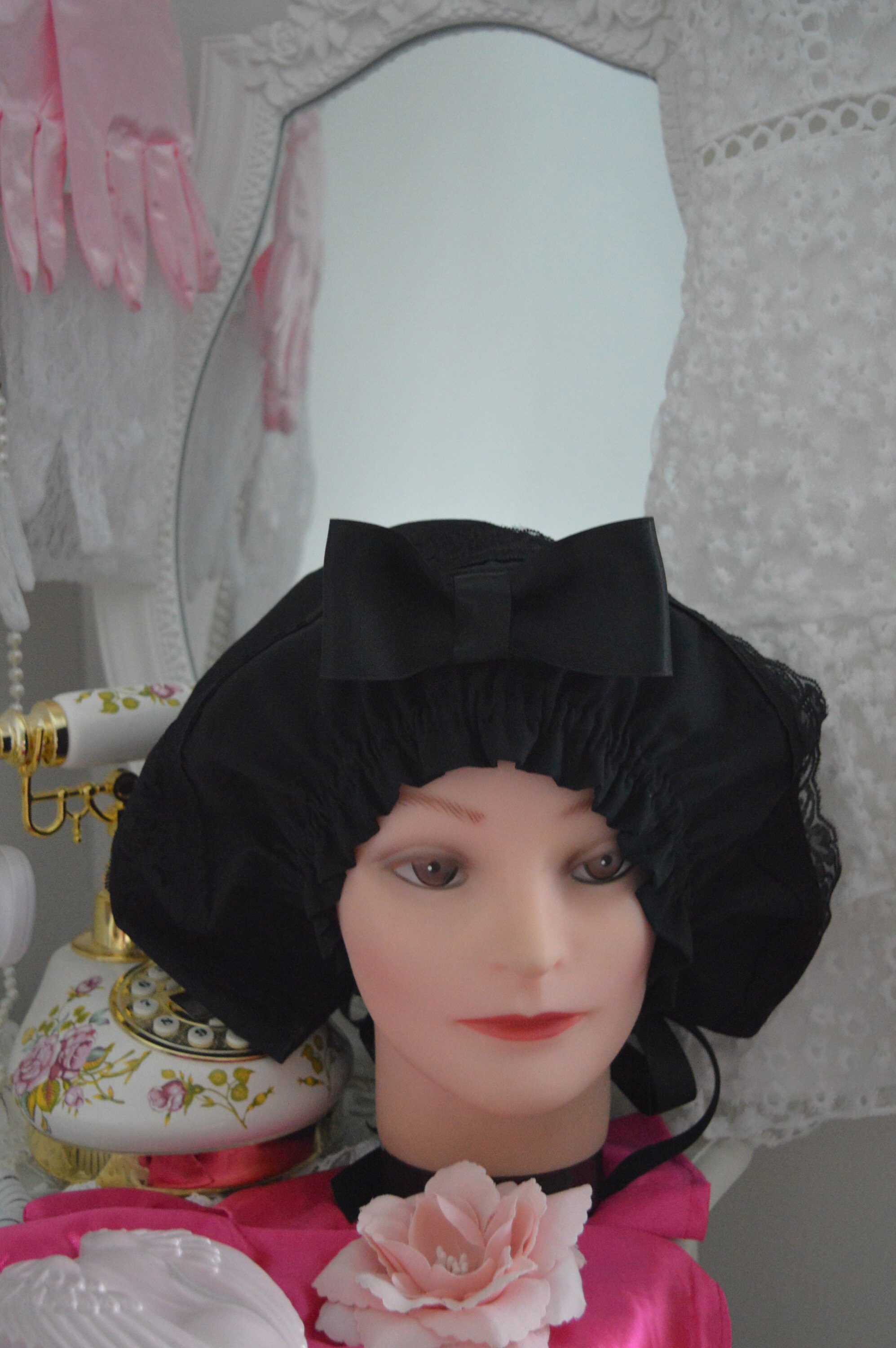 Black Cotton Bonnet Hat With Lace and Bow for Women, Black Cotton ...