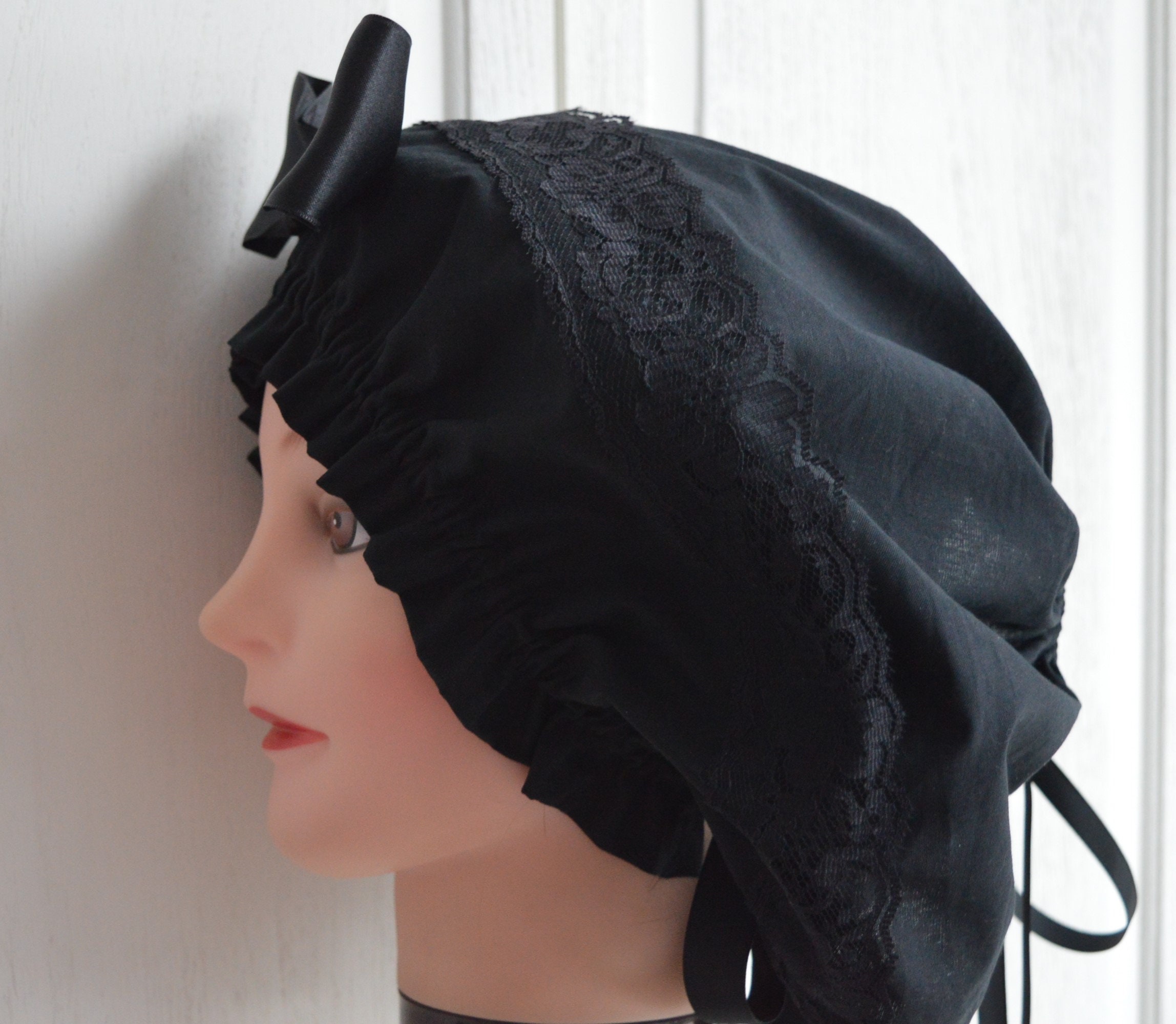 Black Cotton Bonnet Hat With Lace and Bow for Women, Black Cotton ...