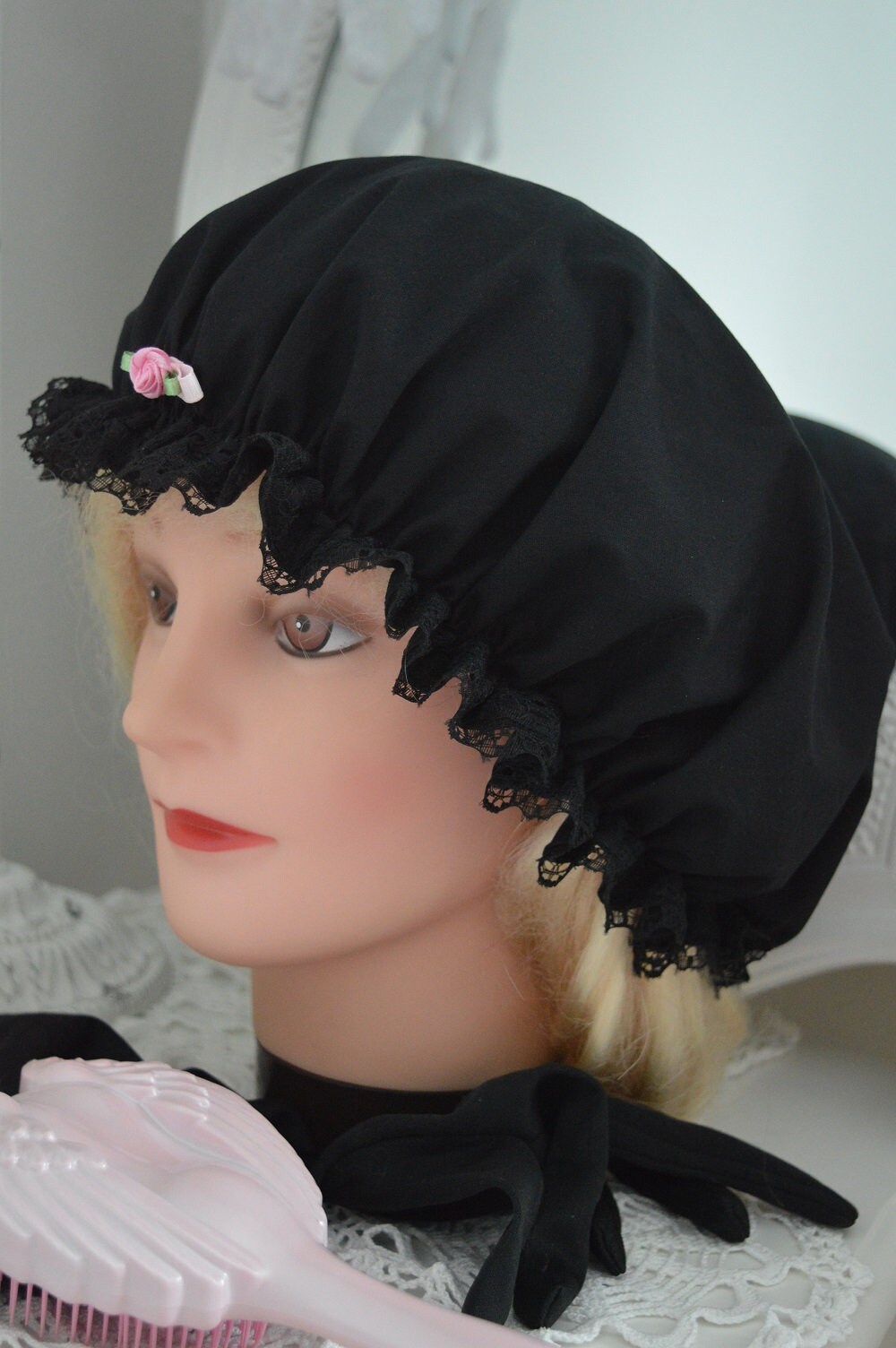 Granny Mop Cap Black, Vintage Style Granny Mop Cap Mob Cap Black ...
