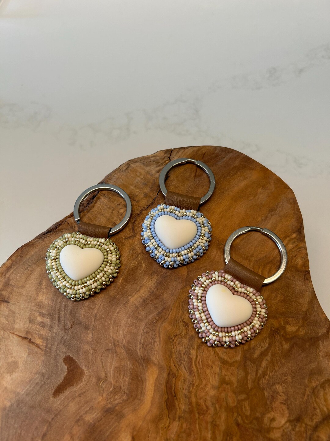 Handmade Indigenous Native Beaded Heart Keychain sage Green, Matte Pink ...