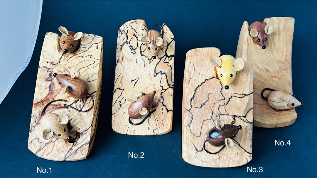 Wooden Miniature Ornament, Turned Mice on Wood Block, House Warming ...
