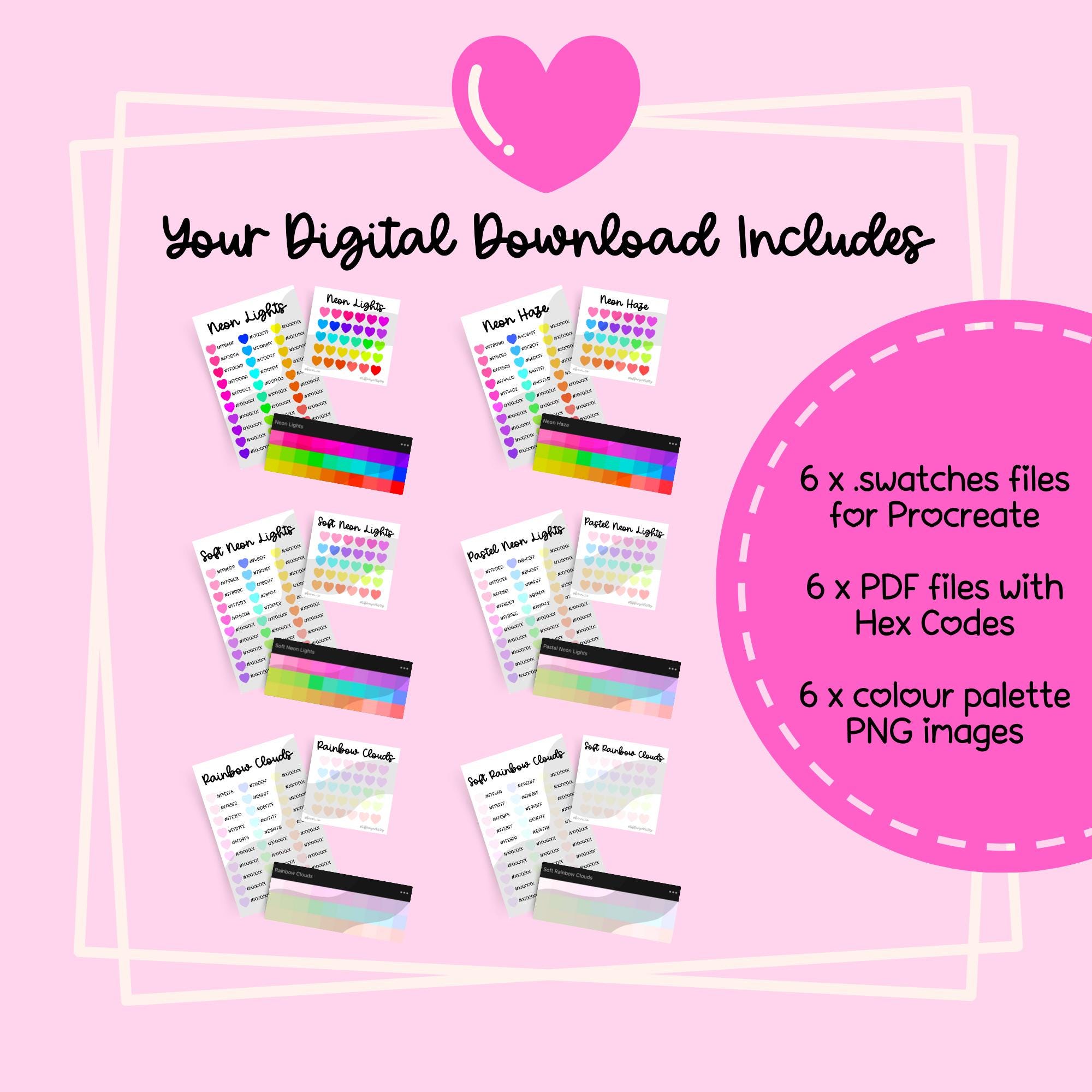Neon Ombre Procreate Colour Palette Bundle: 6 Rainbow Palettes - 180 ...