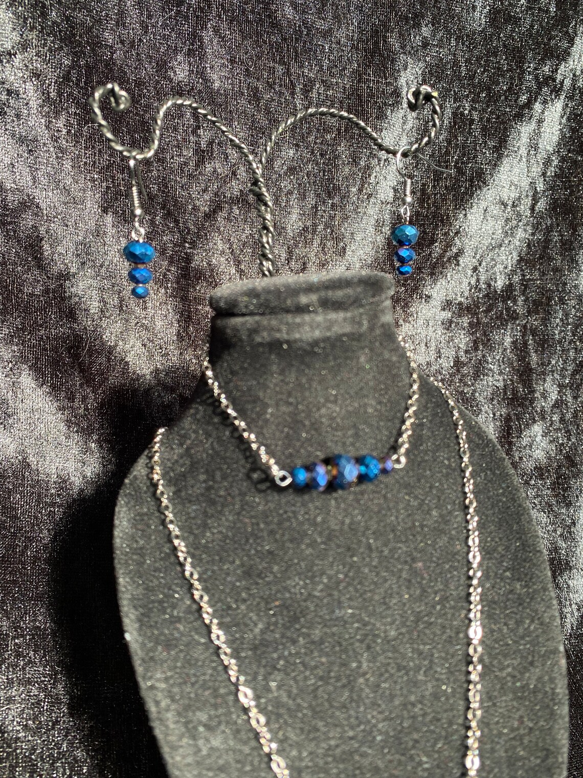 Holographic Blue Rhodonite Jewelry Set, Earrings, Bracelet and Necklace ...