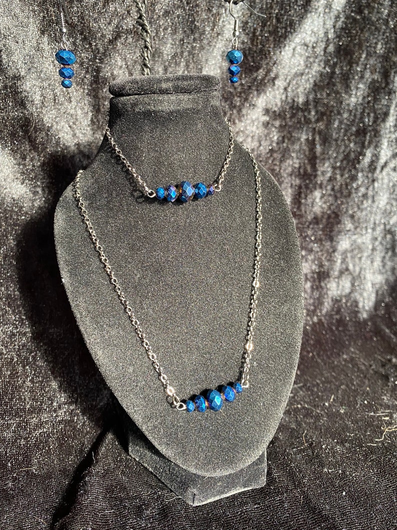 Holographic Blue Rhodonite Jewelry Set, Earrings, Bracelet and Necklace ...