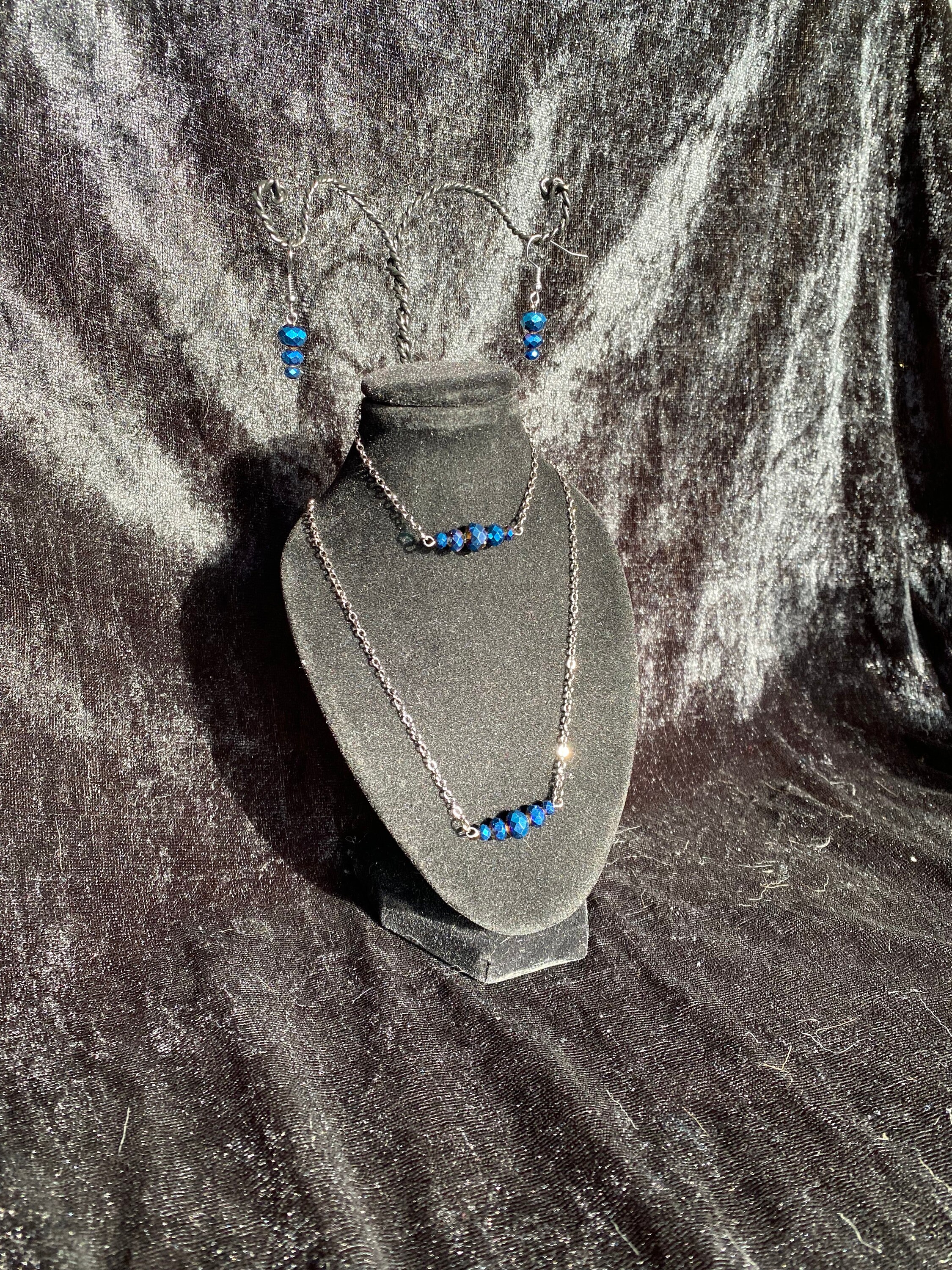 Holographic Blue Rhodonite Jewelry Set, Earrings, Bracelet and Necklace ...