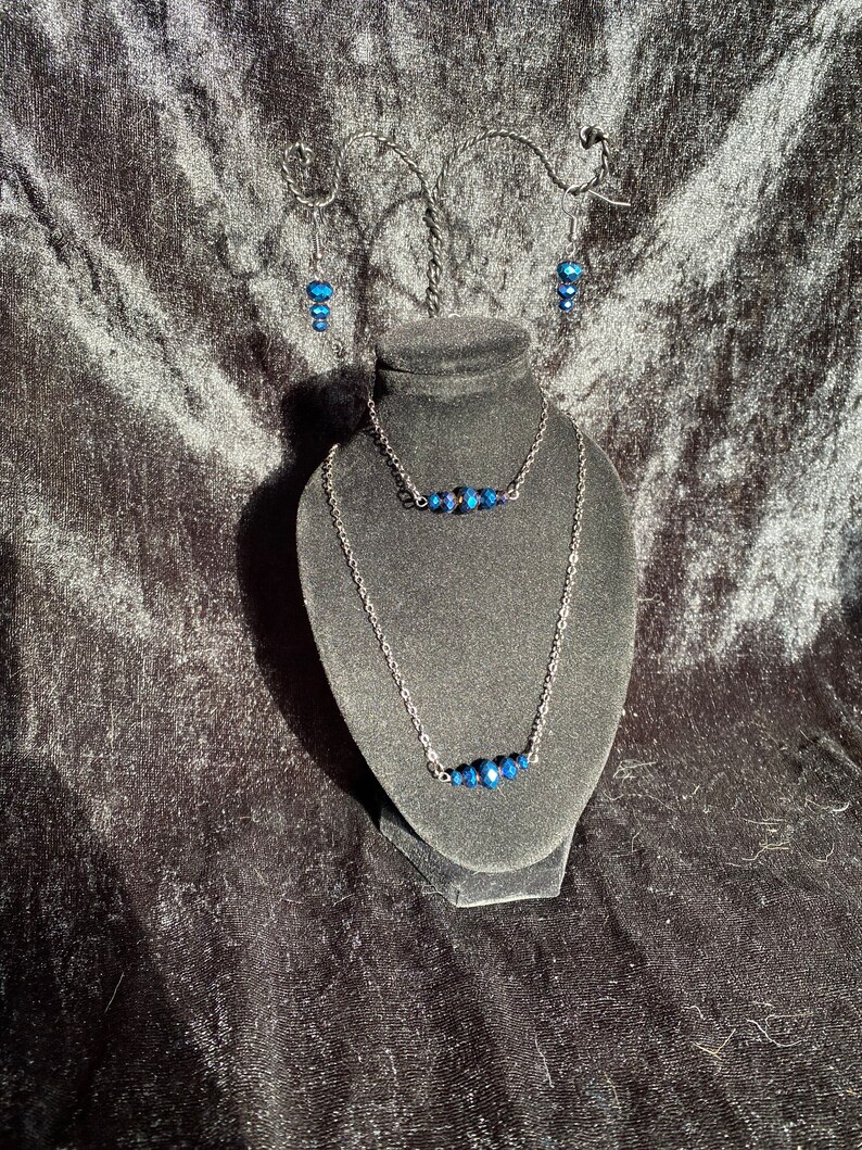 Holographic Blue Rhodonite Jewelry Set, Earrings, Bracelet and Necklace ...