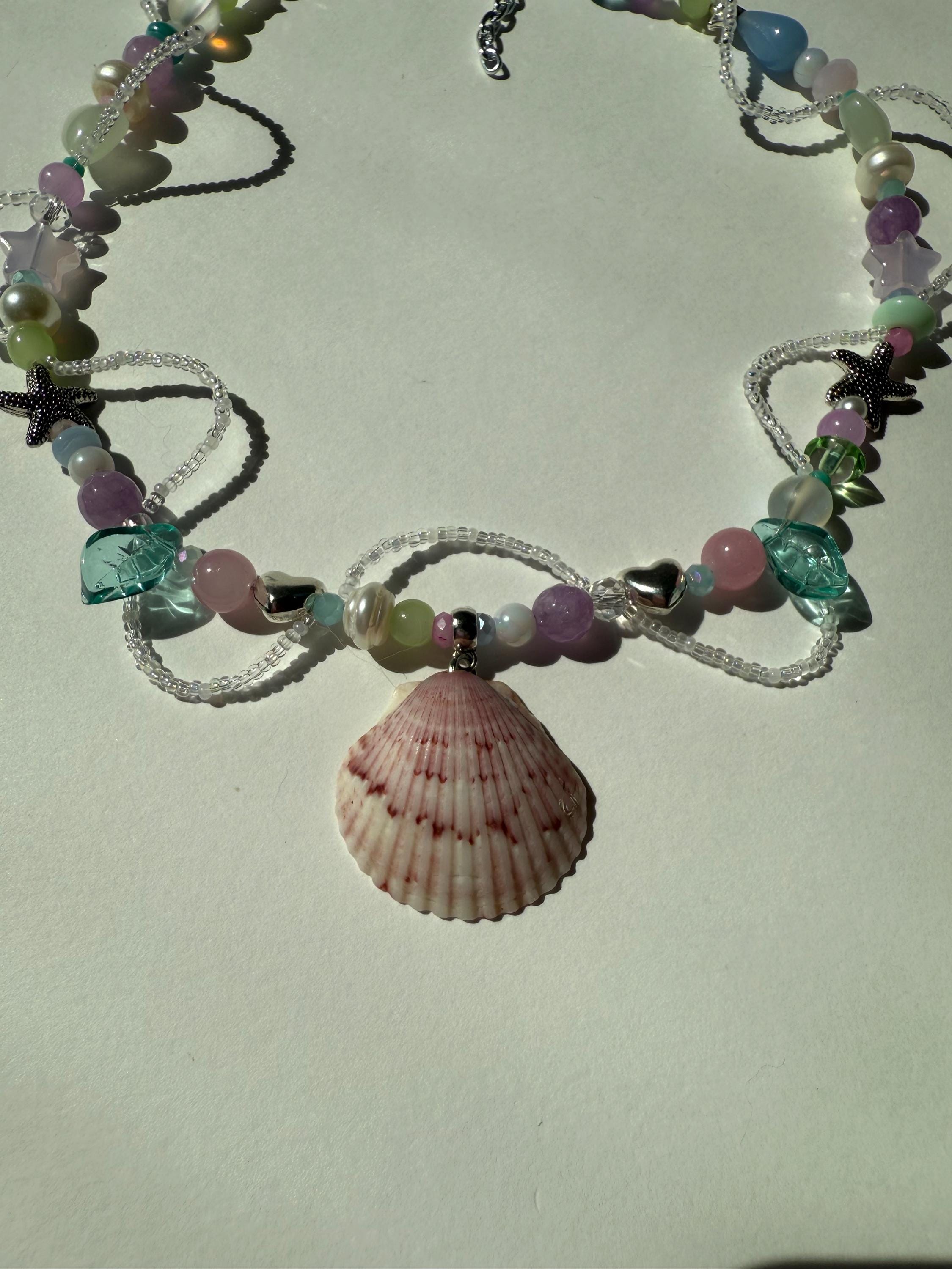 Pastel Silver Pearl Seashell Starfish Intertwined Mixed Bead Necklace ...
