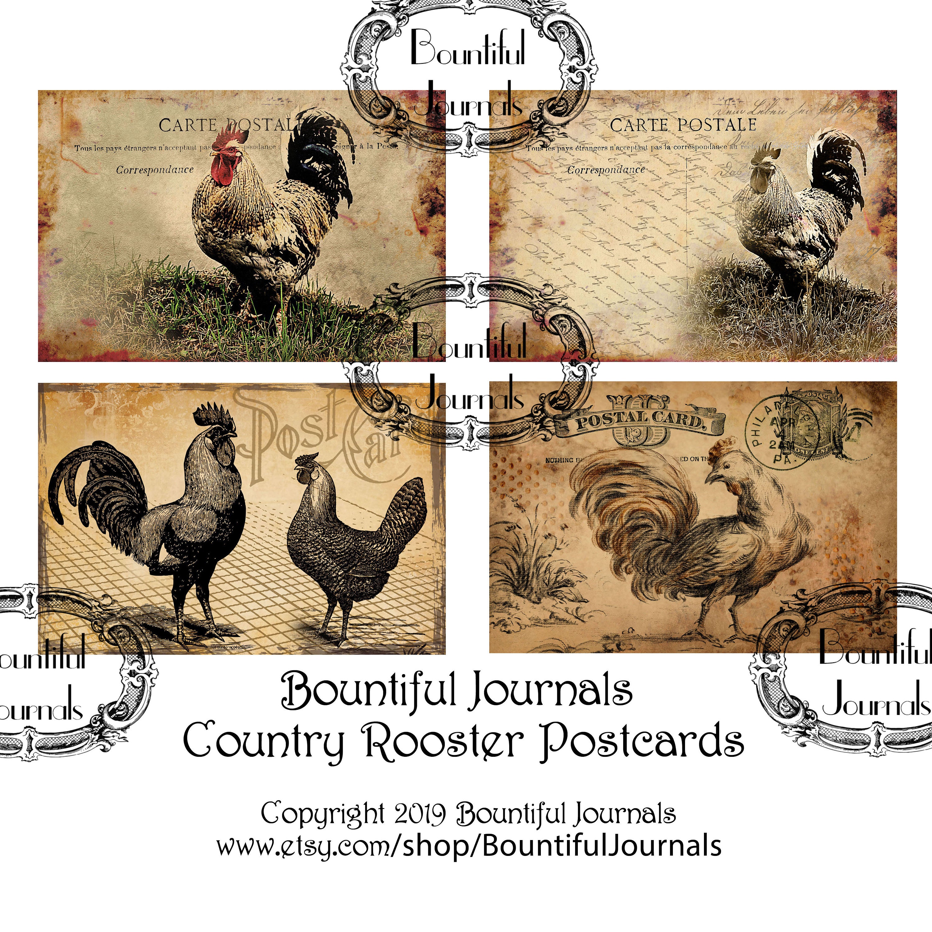 Country French Postcards Vintage Roosters Chickens Digital Download - Etsy