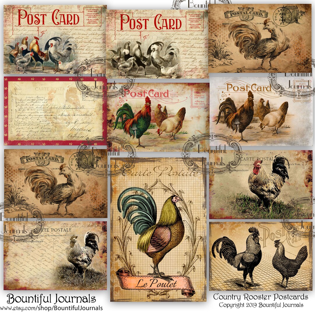 Country French Postcards Vintage Roosters Chickens Digital Download - Etsy