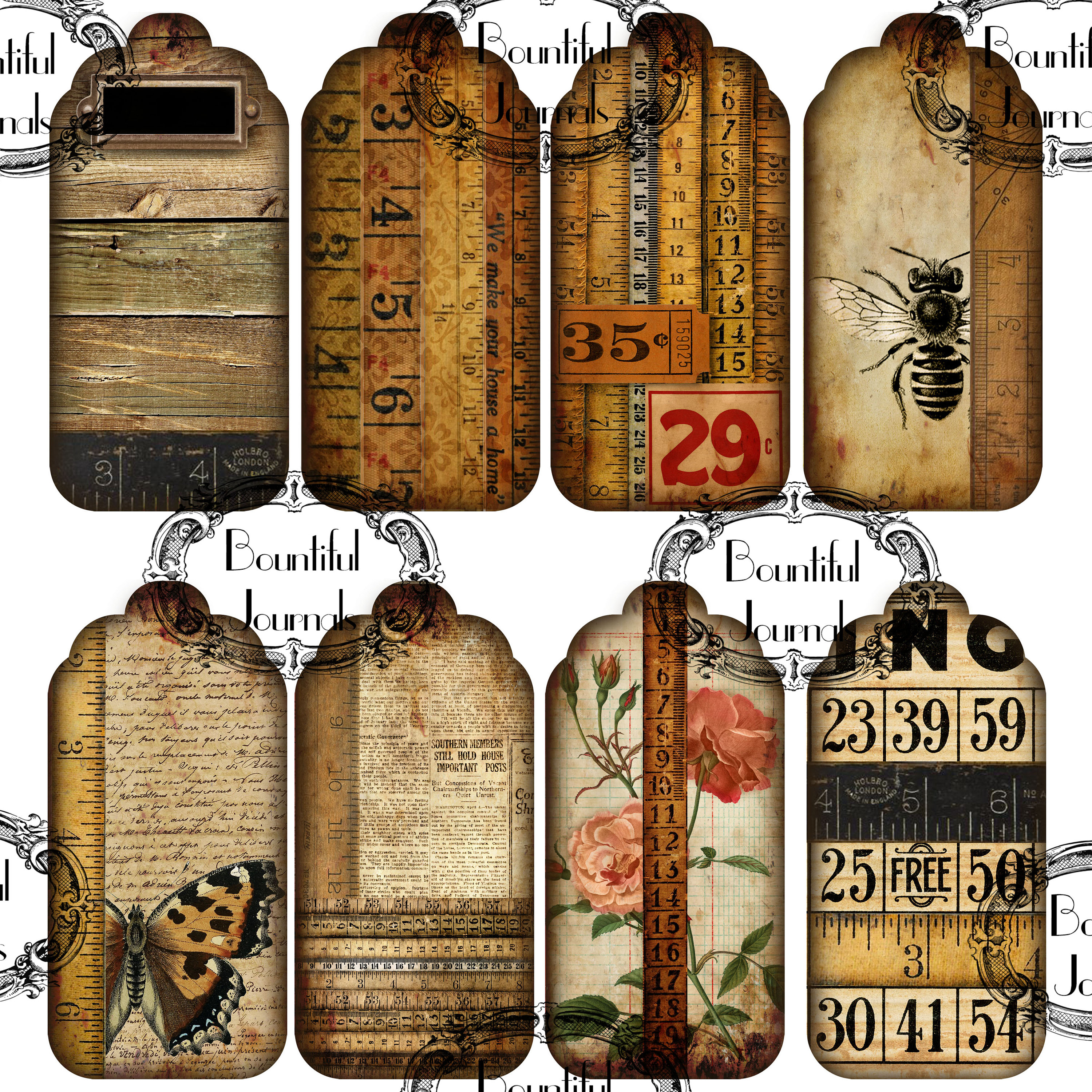 Vintage Rulers Tags Journal Cards Wooden Rulers Digital Download - Etsy