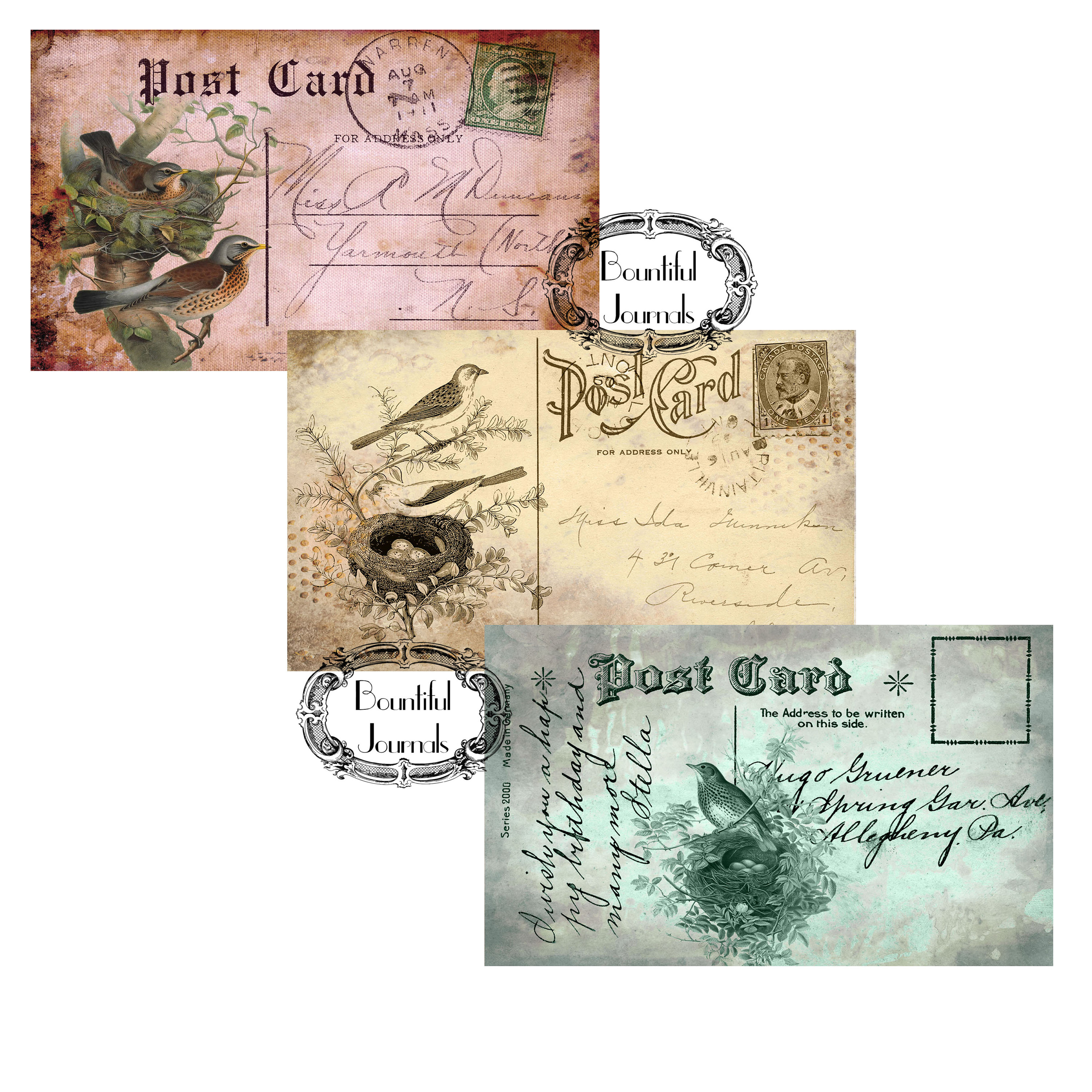 Vintage Grunge Shabby Chic Postcards Birds Florals Nests Digital ...