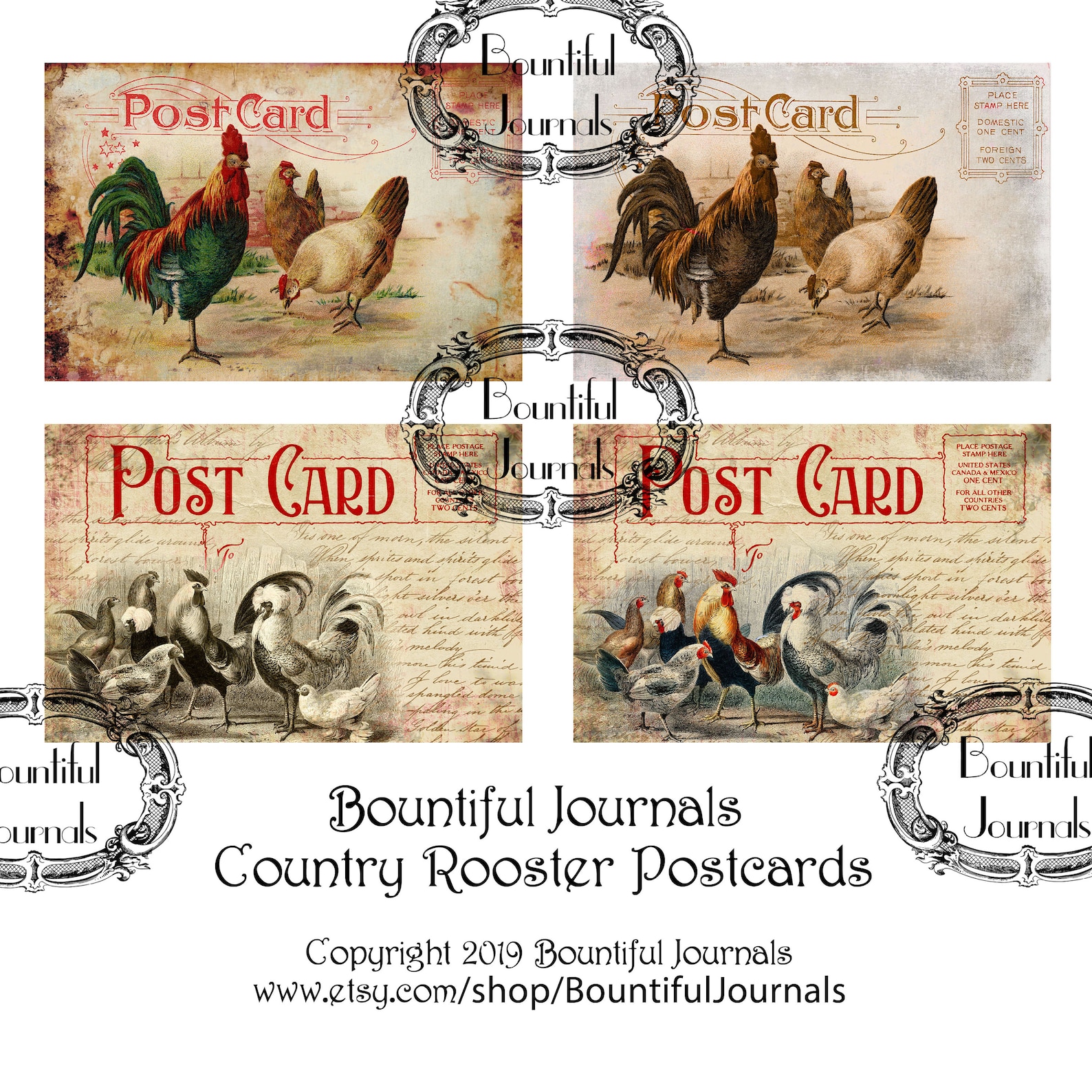 Country French Postcards Vintage Roosters Chickens Digital Download - Etsy