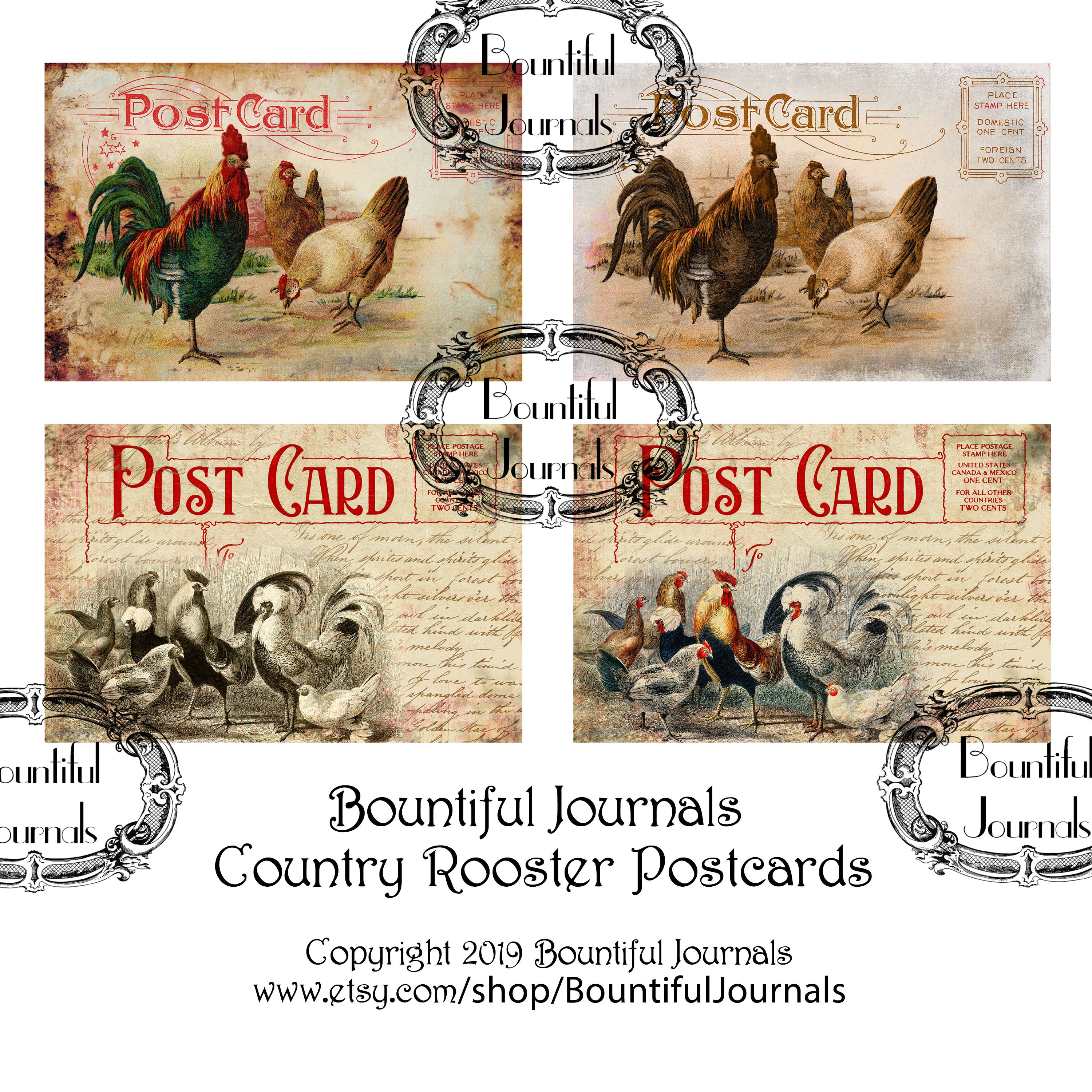 Country French Postcards Vintage Roosters Chickens Digital Download - Etsy
