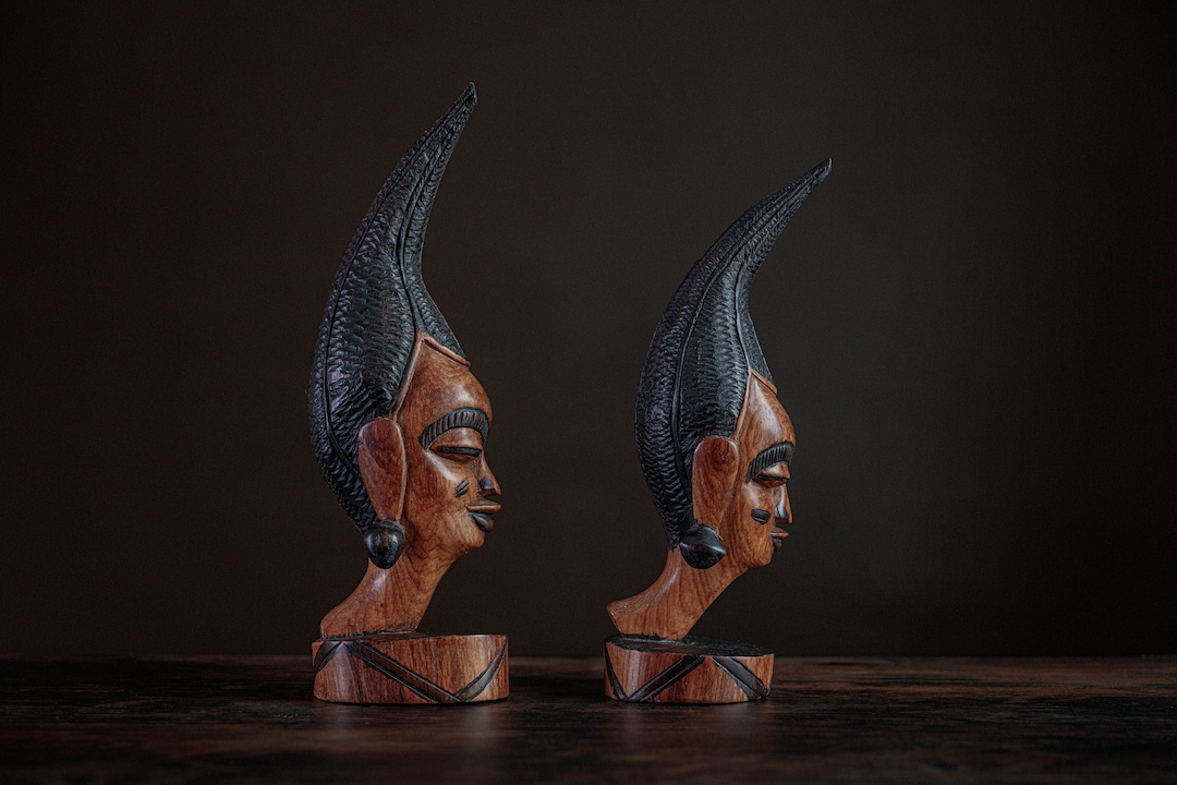 Vintage Pair of Benin Wood Carvings, Hand Carved Wooden Heads, African ...