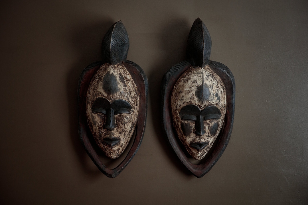 2x XL Old Punu Masks, African Home Decor, Hand Carved Wood, Folk Art ...