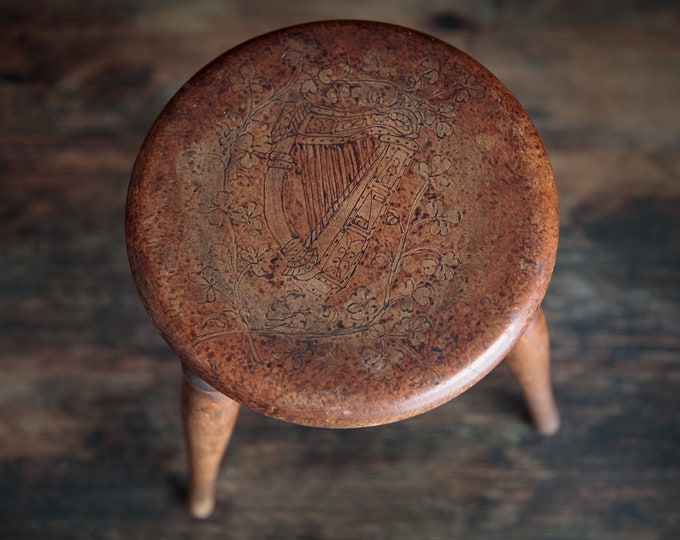 Old Irish Folk Art Stool, Irish Harp Motif, Hand Crafted Wooden Stool ...