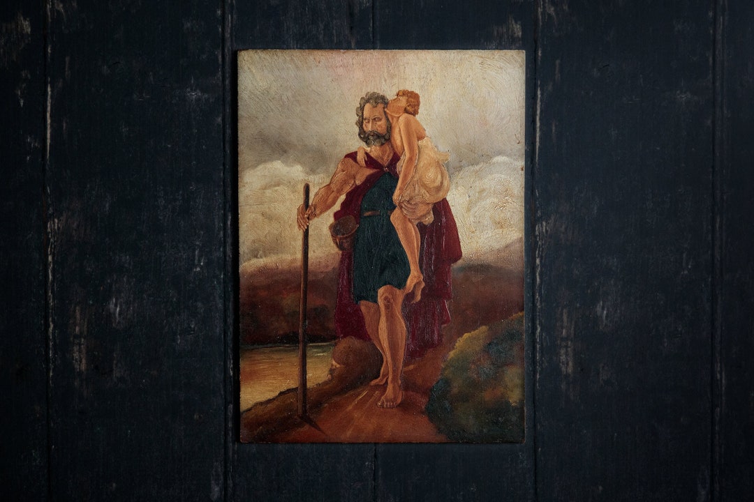 Antique Original Oil Painting Panel, the Weight of the World, St ...