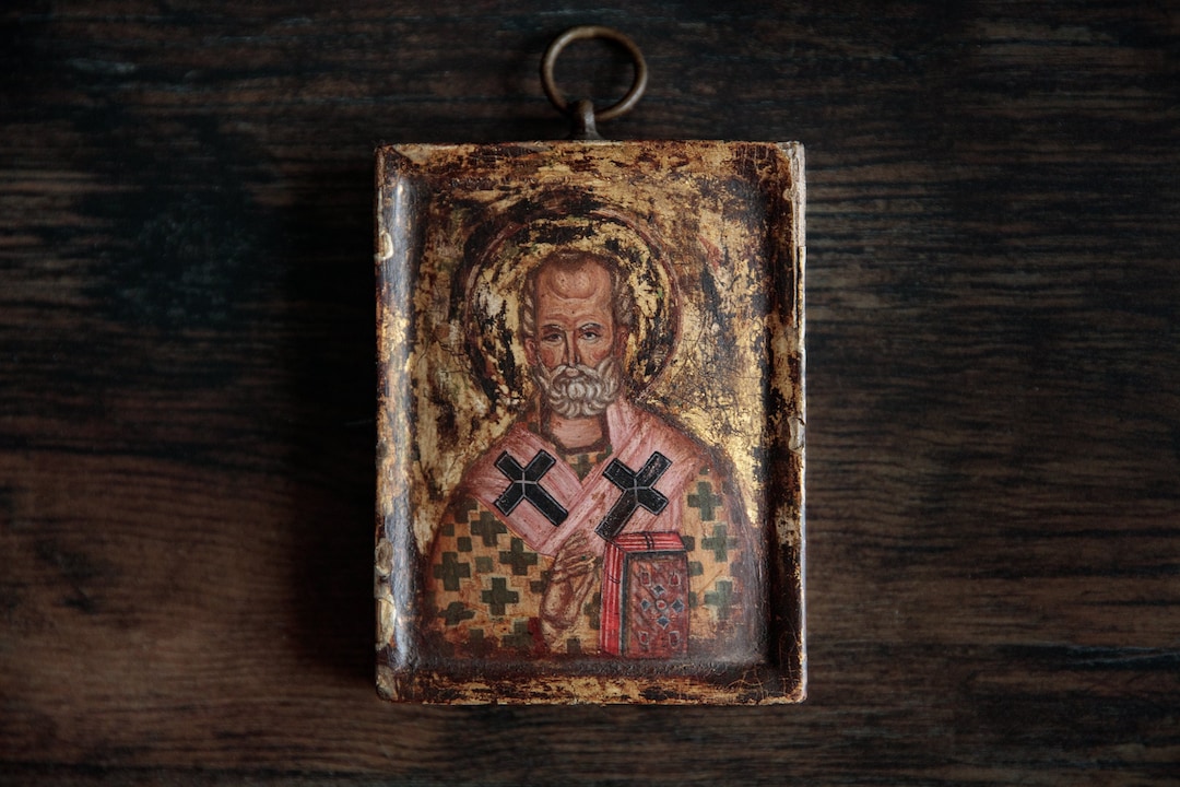 Old Hand Painted Religious Icon, Wooden Folk Art Wall Hanging ...