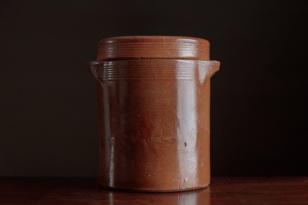 Old Hand Made Stoneware Pot With Lid, Ceramic Storage Container, Rustic ...