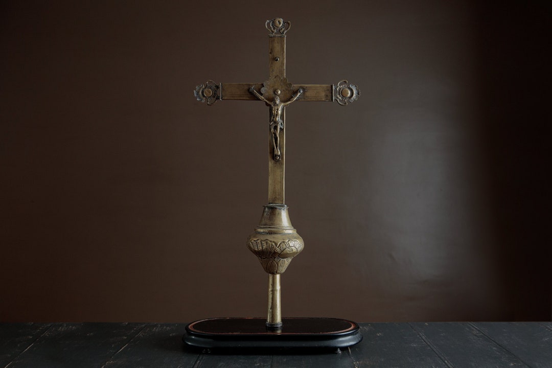 Large Brass Crucifix With a Blackened and Gilded Wooden Stand, Hand ...