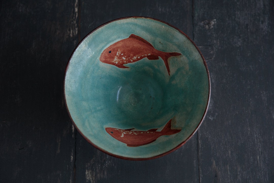 Vintage Studio Pottery Bowl, Hand-painted Dish With Goldfish, Folk Art ...
