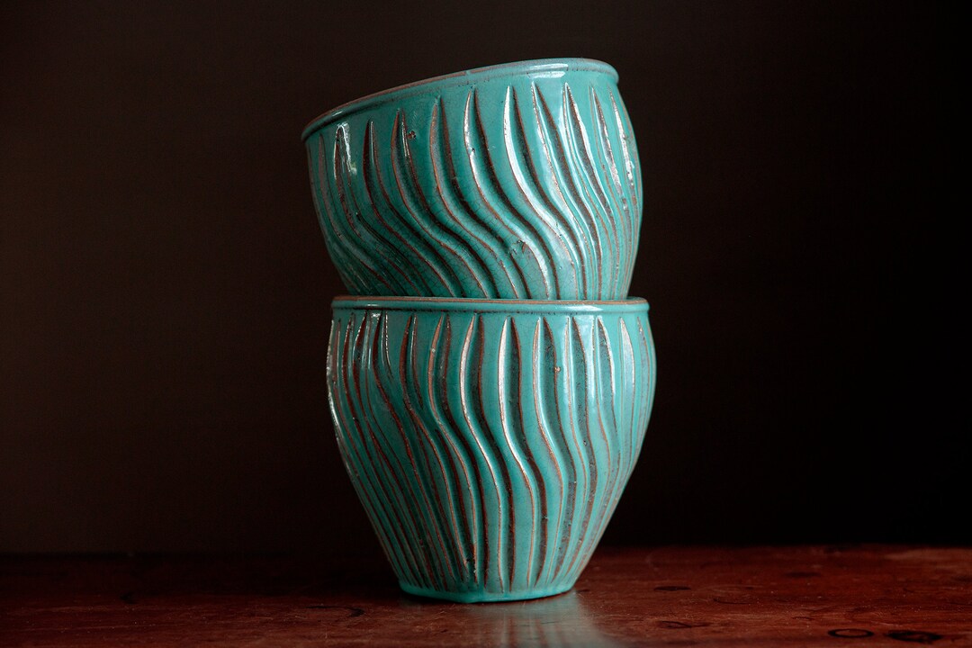 2x Vintage Ceramic Planters, Turquoise Plant Pots, Rustic Farmhouse ...