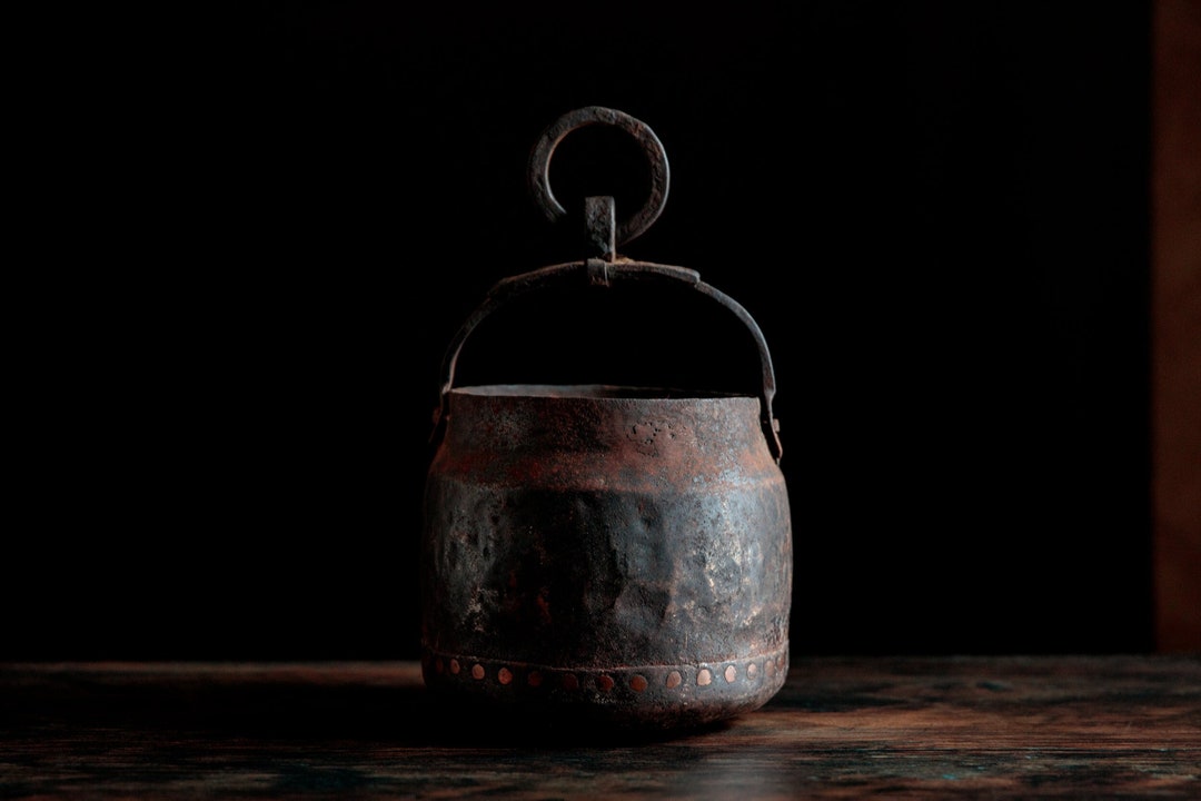 Antique Iron Well Bucket With Brass Rivets Primitive Hand - Etsy