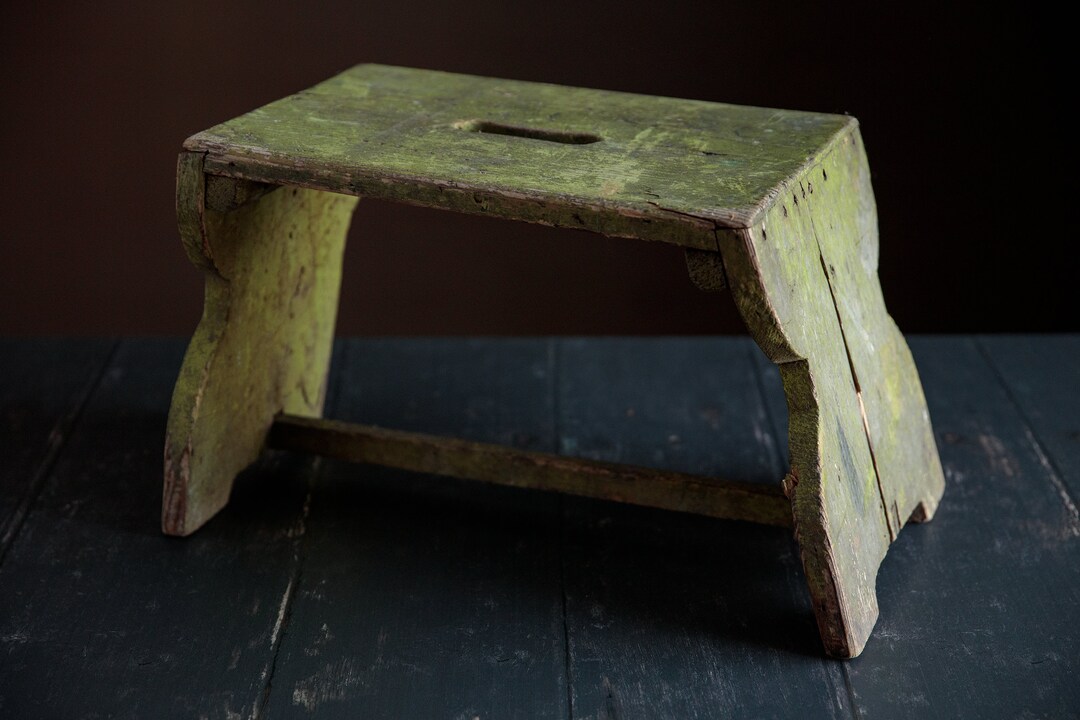 Antique Wooden Stool, Very Rustic Green Painted Stool With Lichen ...