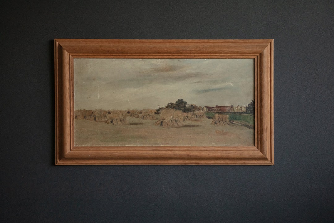 Old Original Haystacks Painting, Rustic Rural Landscape, Distressed ...