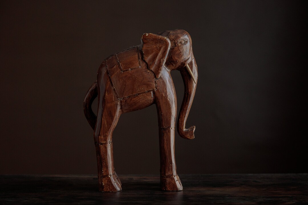 Vintage Elephant Carving With Copper Details, Folk Art Sculpture, Boho ...