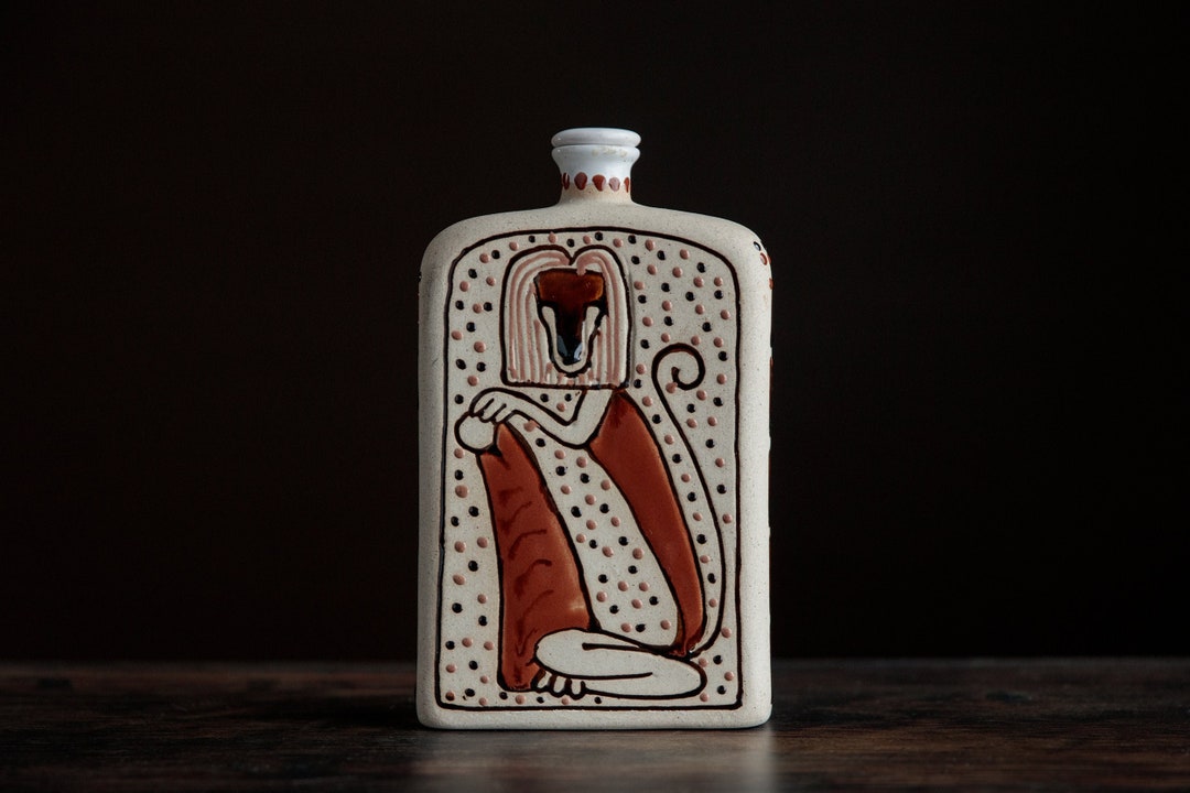 Vintage Sekhmet Studio Pottery Flask, Hand Painted Egyptian Goddess ...