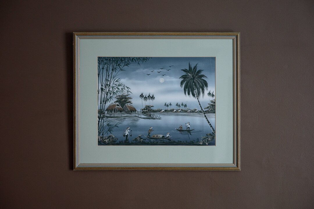 Vintage Original Painting on Fabric, Moonlit Waterscape, Atmospheric ...