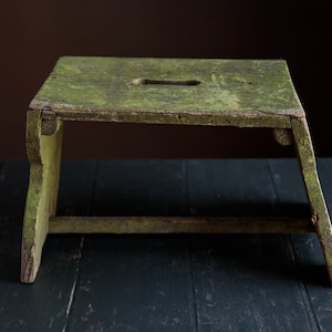Antique Wooden Stool, Very Rustic Green Painted Stool With Lichen ...