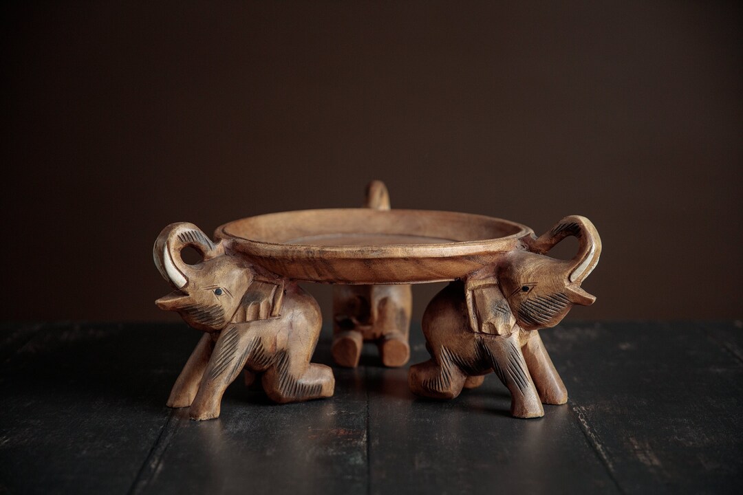 Vintage Wooden Platter With Elephants, Decorative Carved Bowl, Boho ...