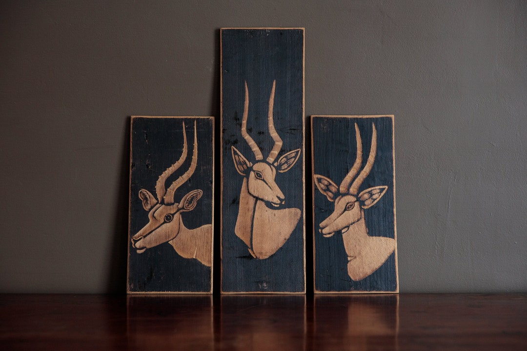 Trio of Vintage Pyrography Gazelle Wood Panels, African Folk Art ...