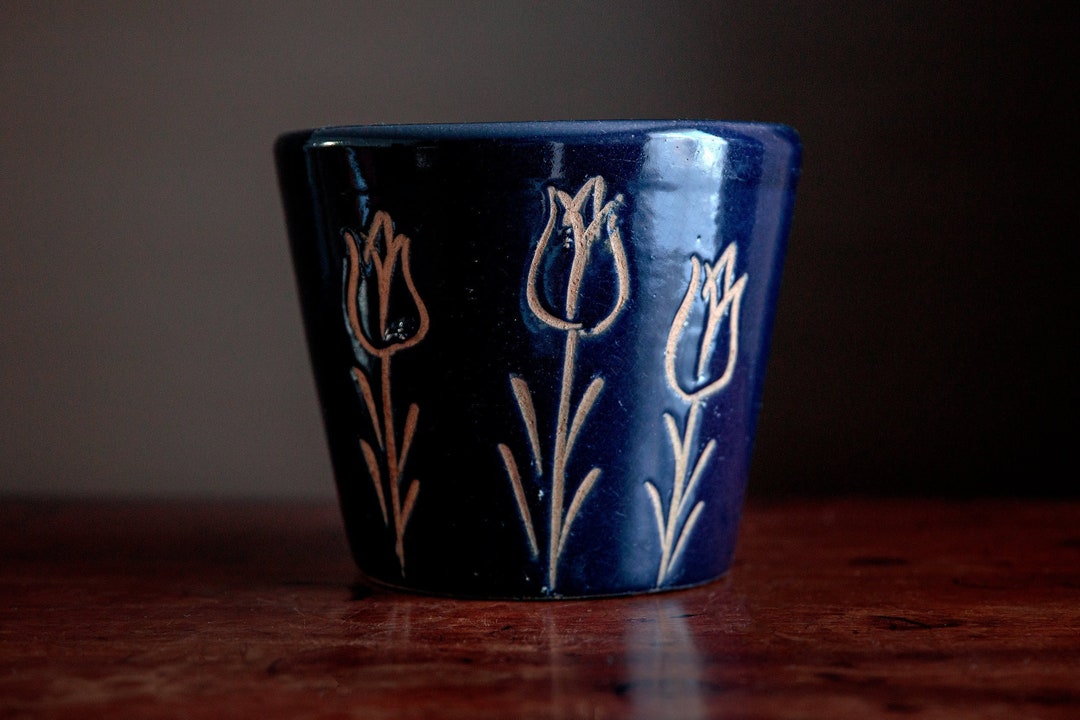 Vintage Ceramic Planter, Navy Blue Plant Pot With Engraved Tulips - Etsy