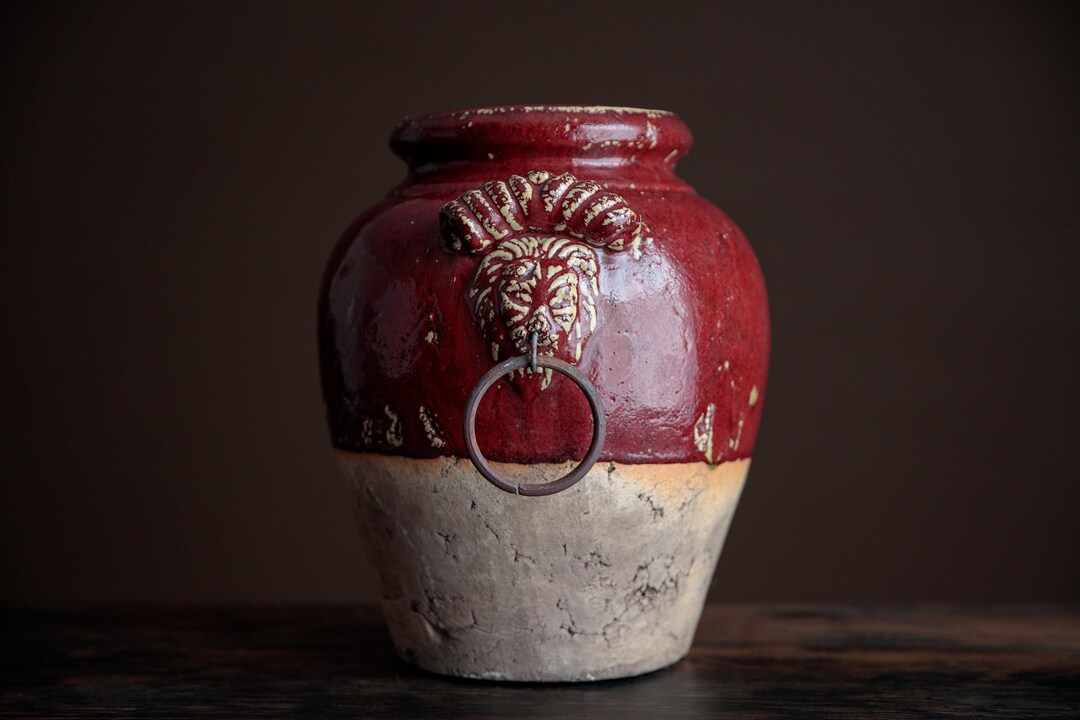 Antique Lions Head Vase, Semi Glazed Pot, Classic Home Decor - Etsy