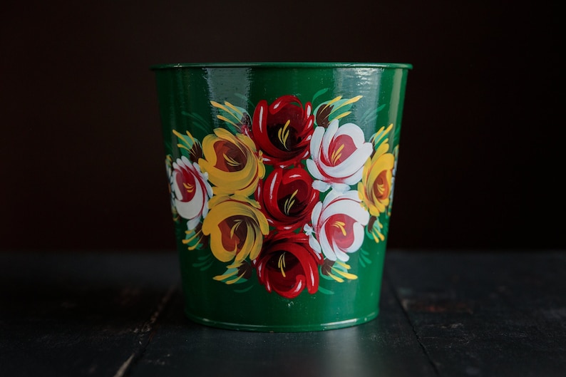 Vintage Hand Painted Bucket Folk Art Wastepaper Bin - Etsy