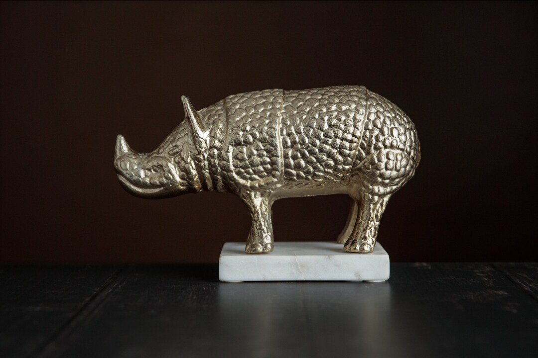 Vintage Gilded Rhino on a Marble Base, Decorative Rhinoceros Sculpture ...
