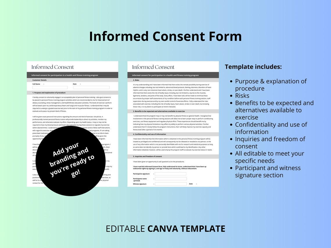 Informed Consent Form Canva Template Editable Personal Training ...