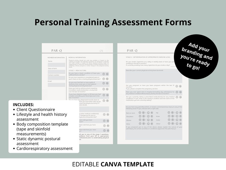 Premium Editable and Printable Personal Training Fitness Assessment ...